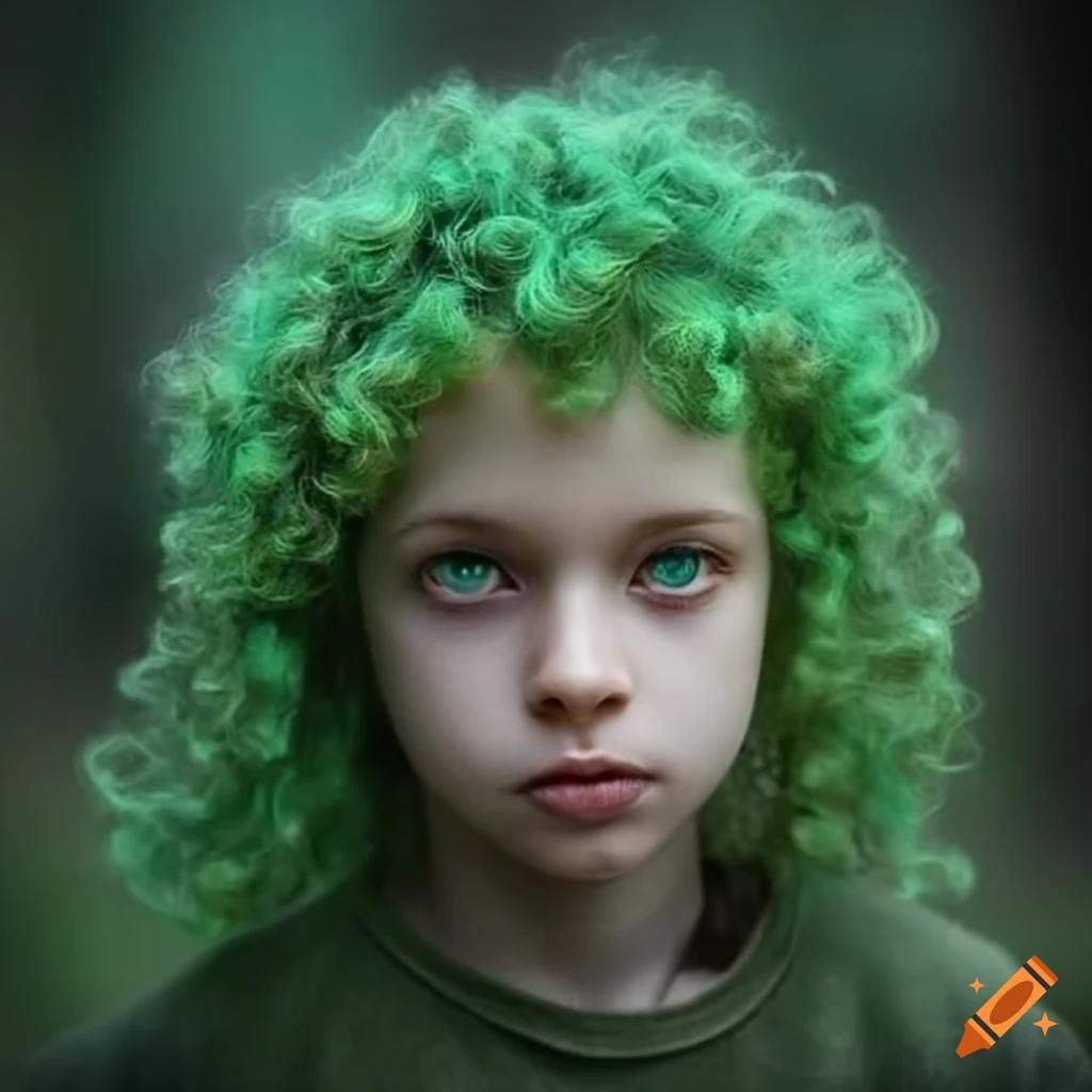Green-skinned male forest spirit child with bright green eyes and curly ...