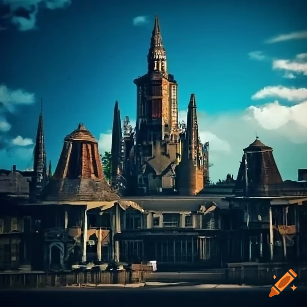 Steampunk Polynesian city with domed roof buildings from a high vantage ...