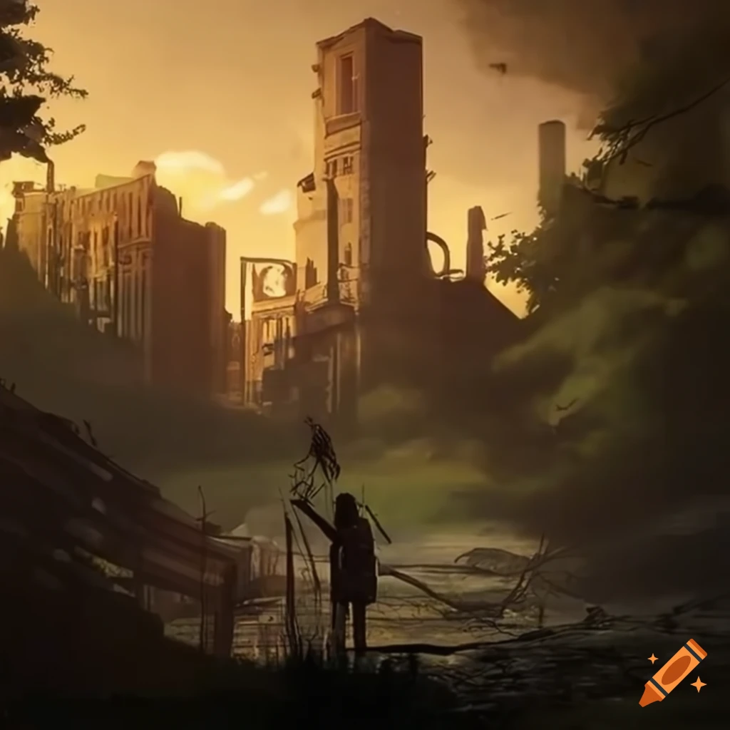 Boston ruins in a Studio Ghibli-inspired post-apocalyptic setting with ...