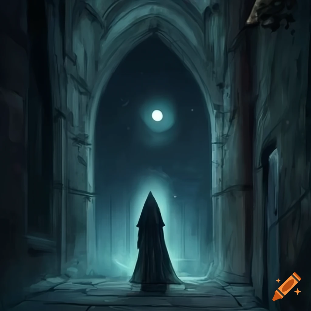 Hooded female figure with daggers in ancient alley leading to a ...