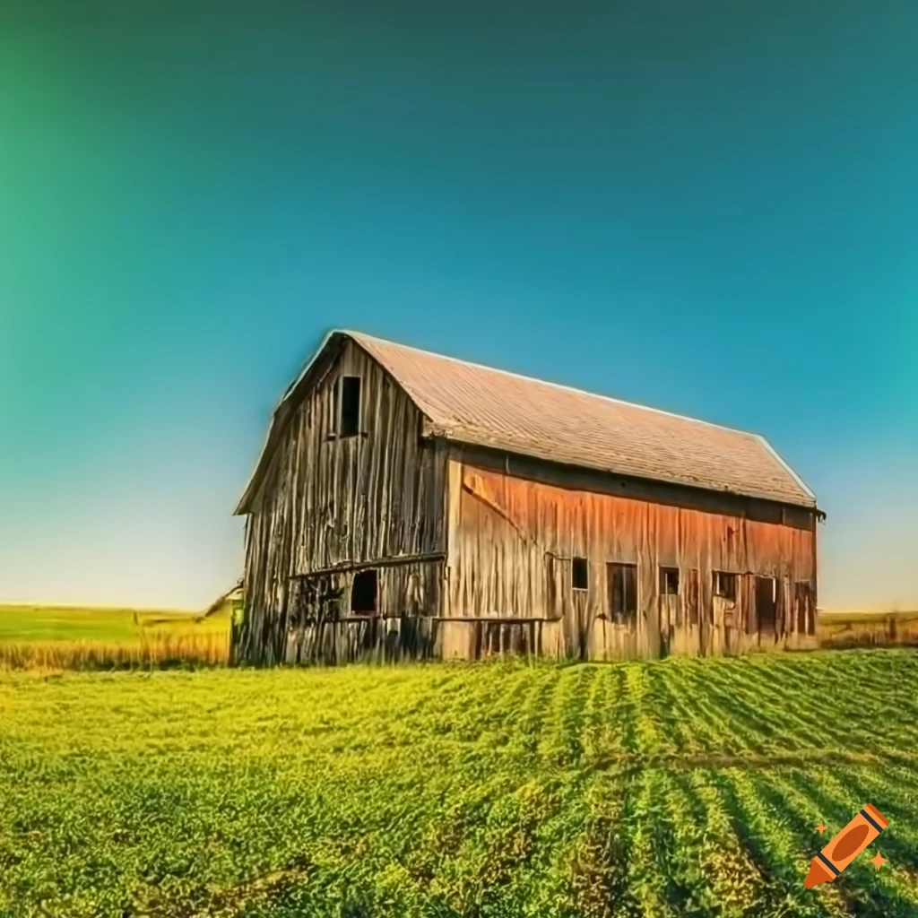 Rustic barn in green fields under bright sun on Craiyon