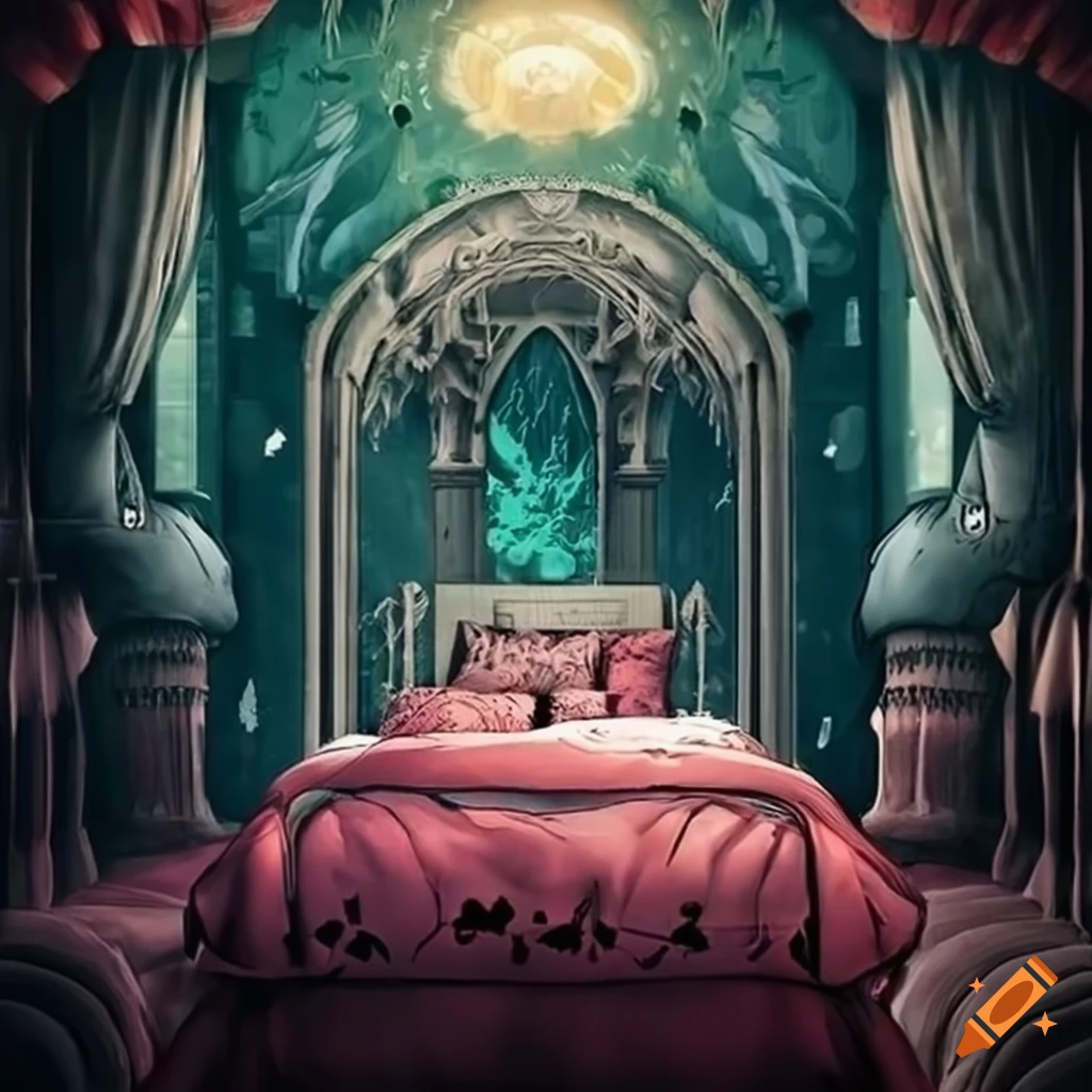 Manga-inspired bedroom with eerie castle backdrop on Craiyon