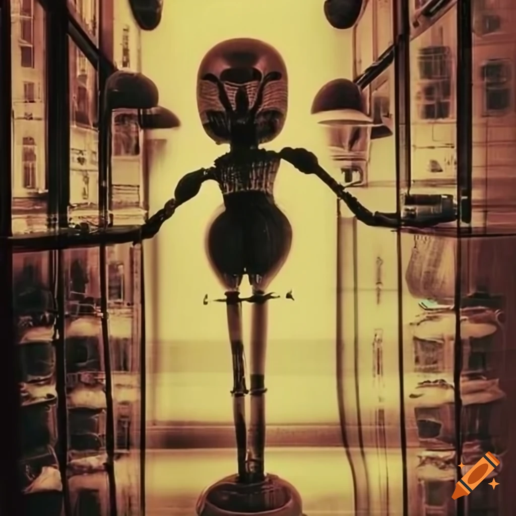 1920s x-ray of alien robots in an ice cream store with extravagant ...