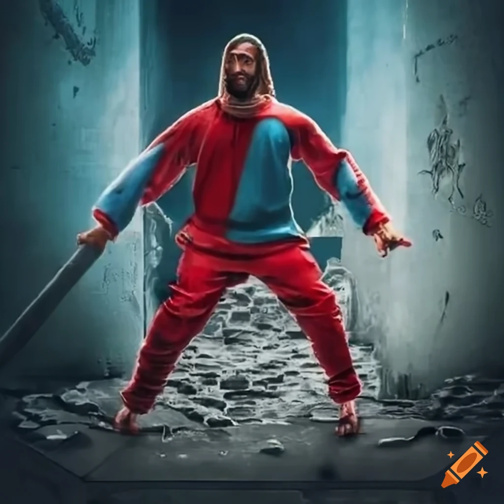 Jesus in tracksuit hitting a wall on Craiyon