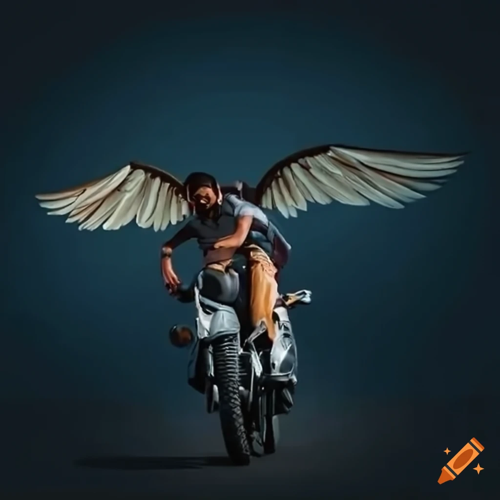 Man flying on a motorcycle with angel wings on Craiyon