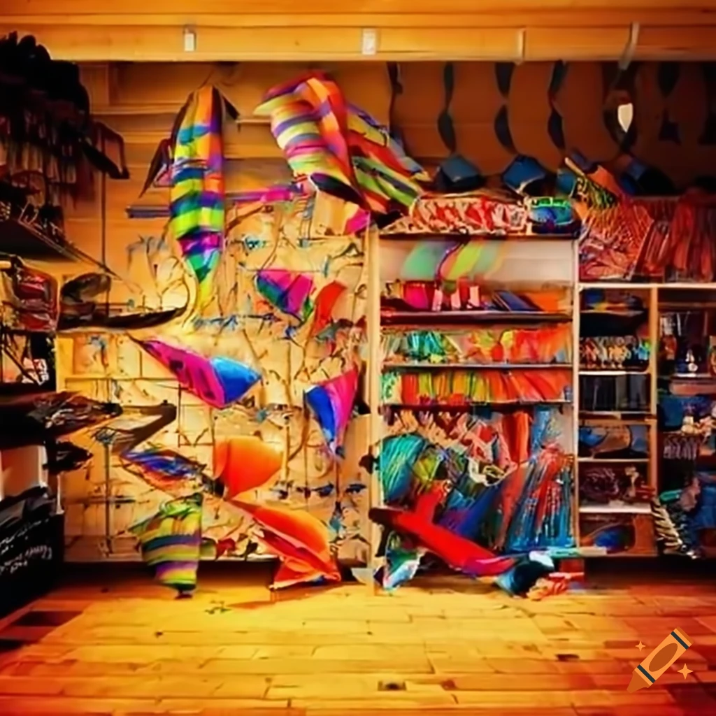 Inside view of a kite store with kites scattered on walls on Craiyon