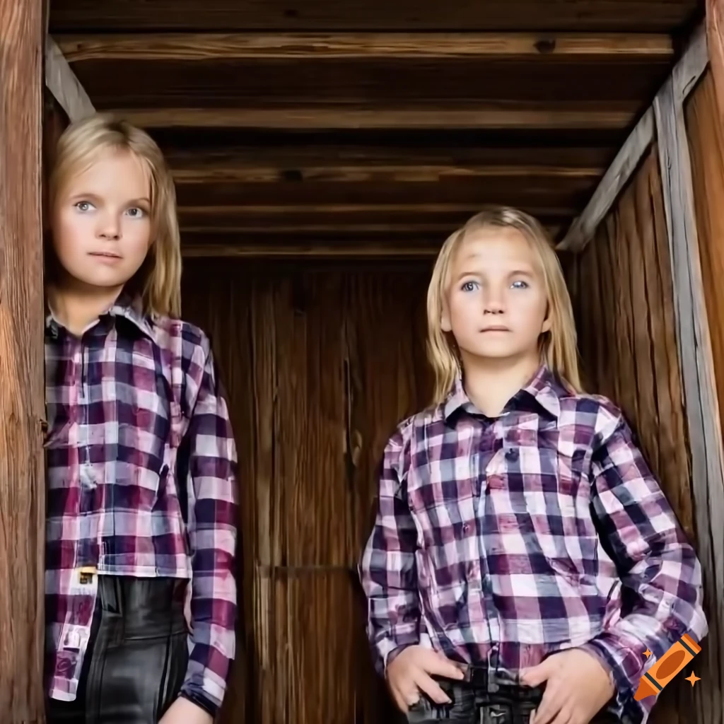 Blonde Twins In Country Plaid Shirts And Black Leather Trousers Peeping