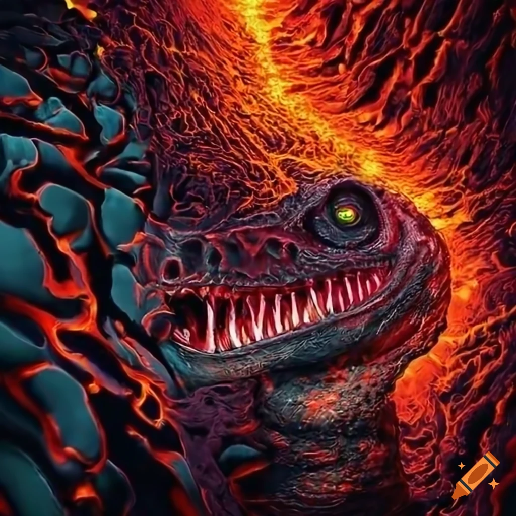 Fantasy reptile surrounded by flowing lava in a digital art on Craiyon