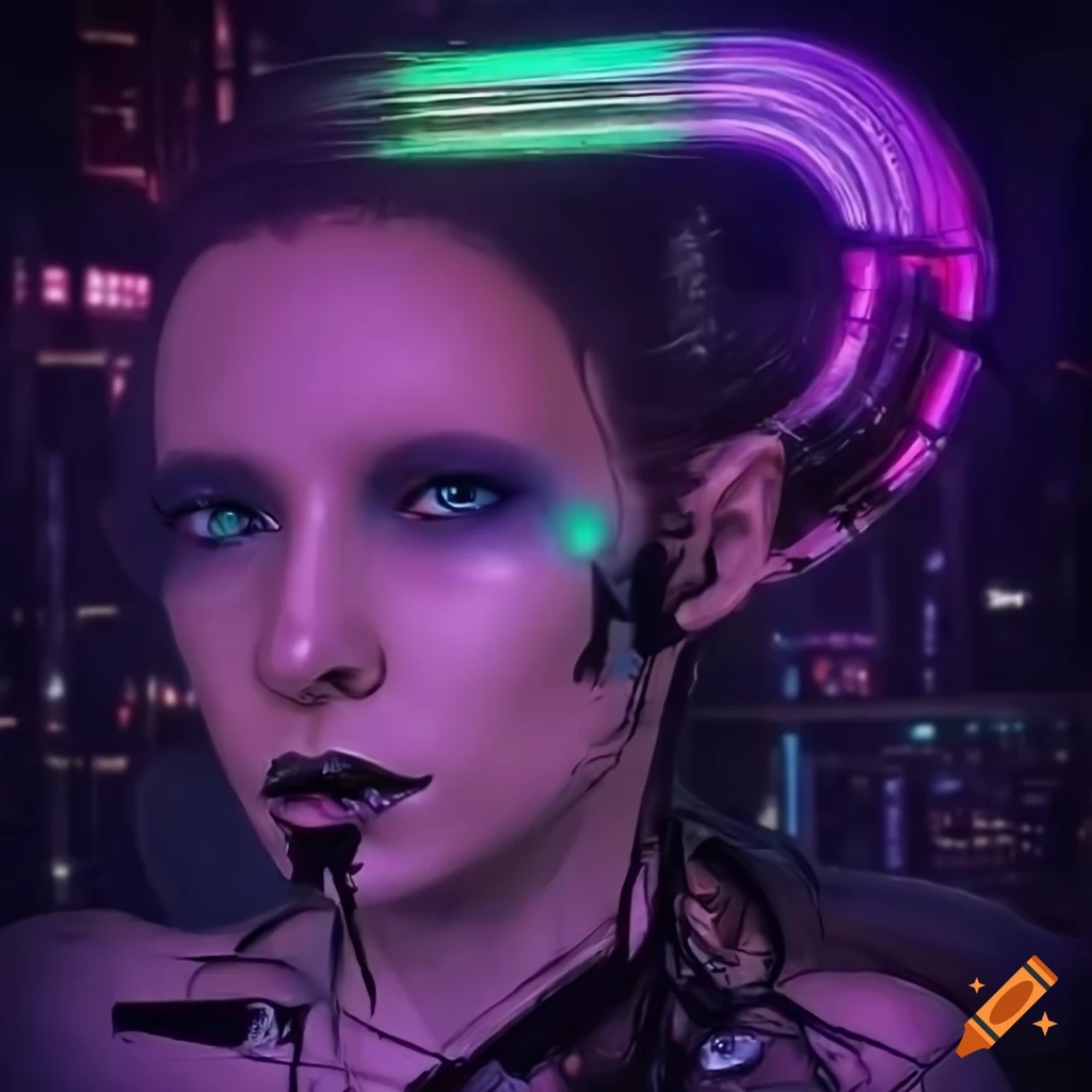 Female cyborg goddess in a dark cyberpunk cityscape on Craiyon