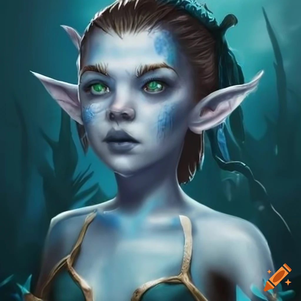 Female aquatic half-elf child with blue skin on Craiyon