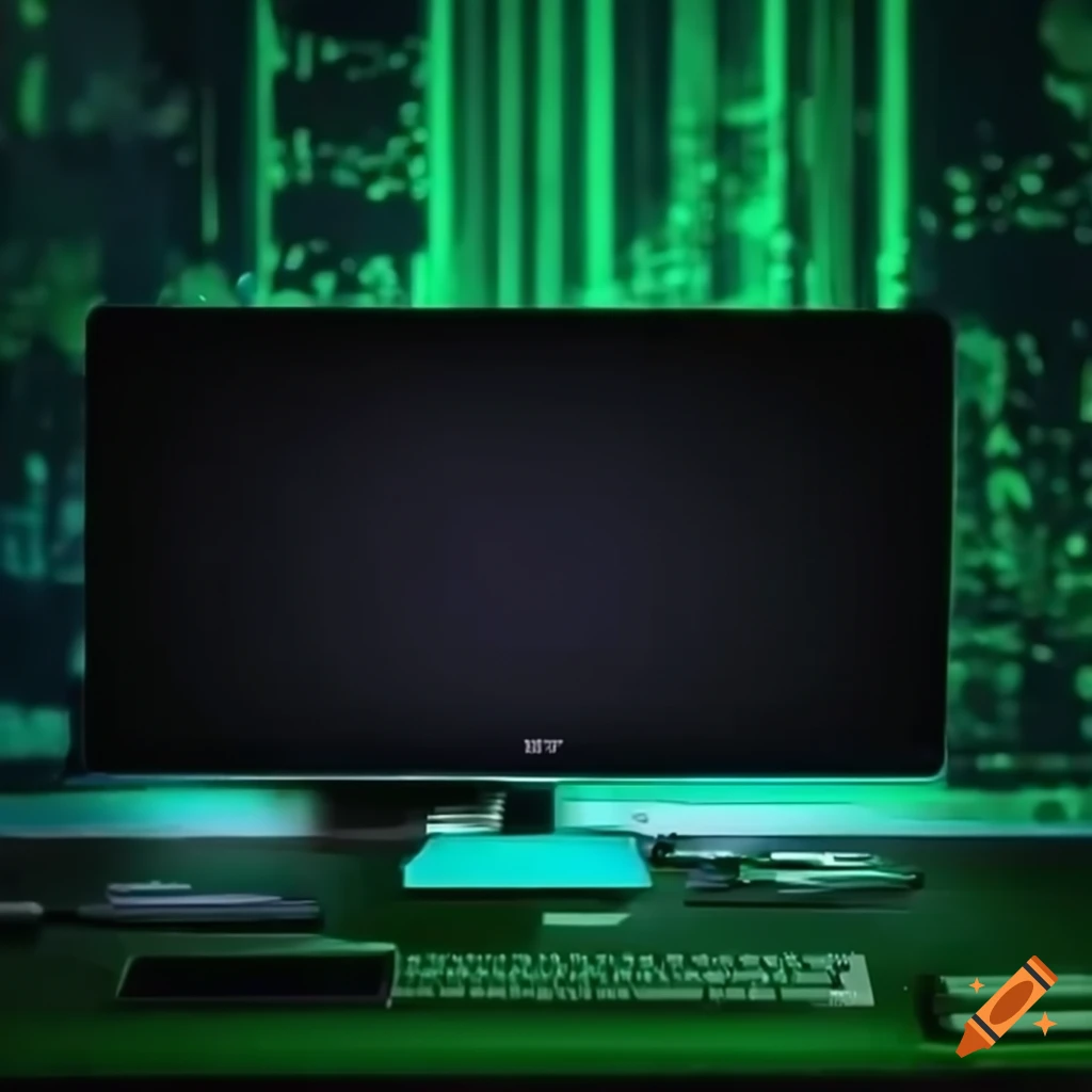 Hacking themed computer setup with green screen in 9:16 ratio on Craiyon