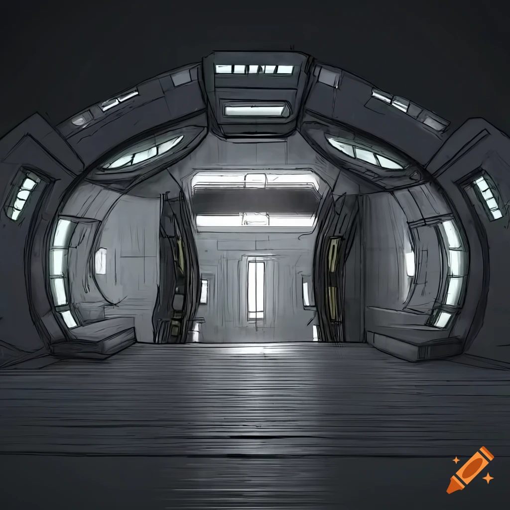 Scifi gate with huge doors at front entrance to corridor depicting ...