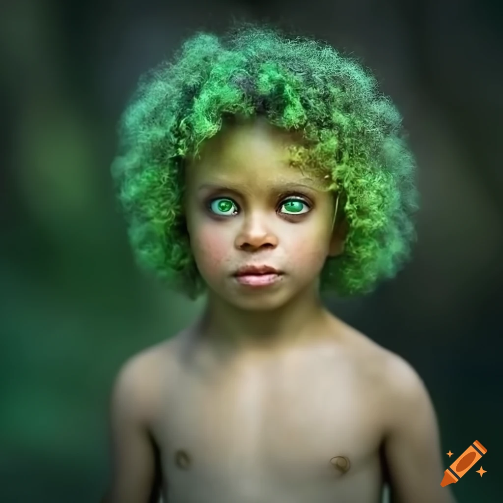 Green-skinned male forest spirit child with bright green eyes and curly ...