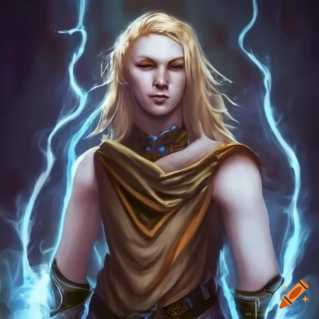 Male human mage with blonde hair casting a wind spell on a stone plateau on Craiyon