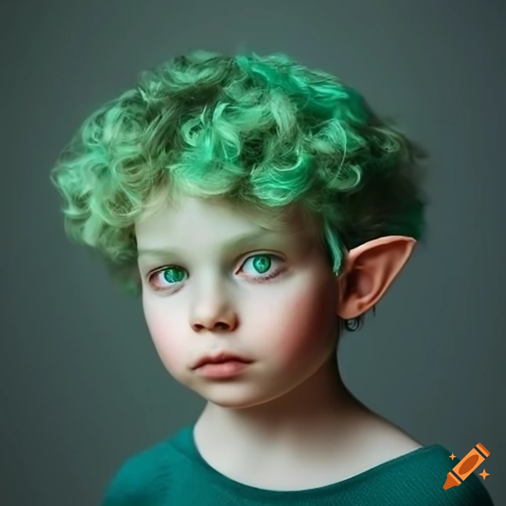 Male 4-year-old forest spirit child with green skin, elf ears, bright ...