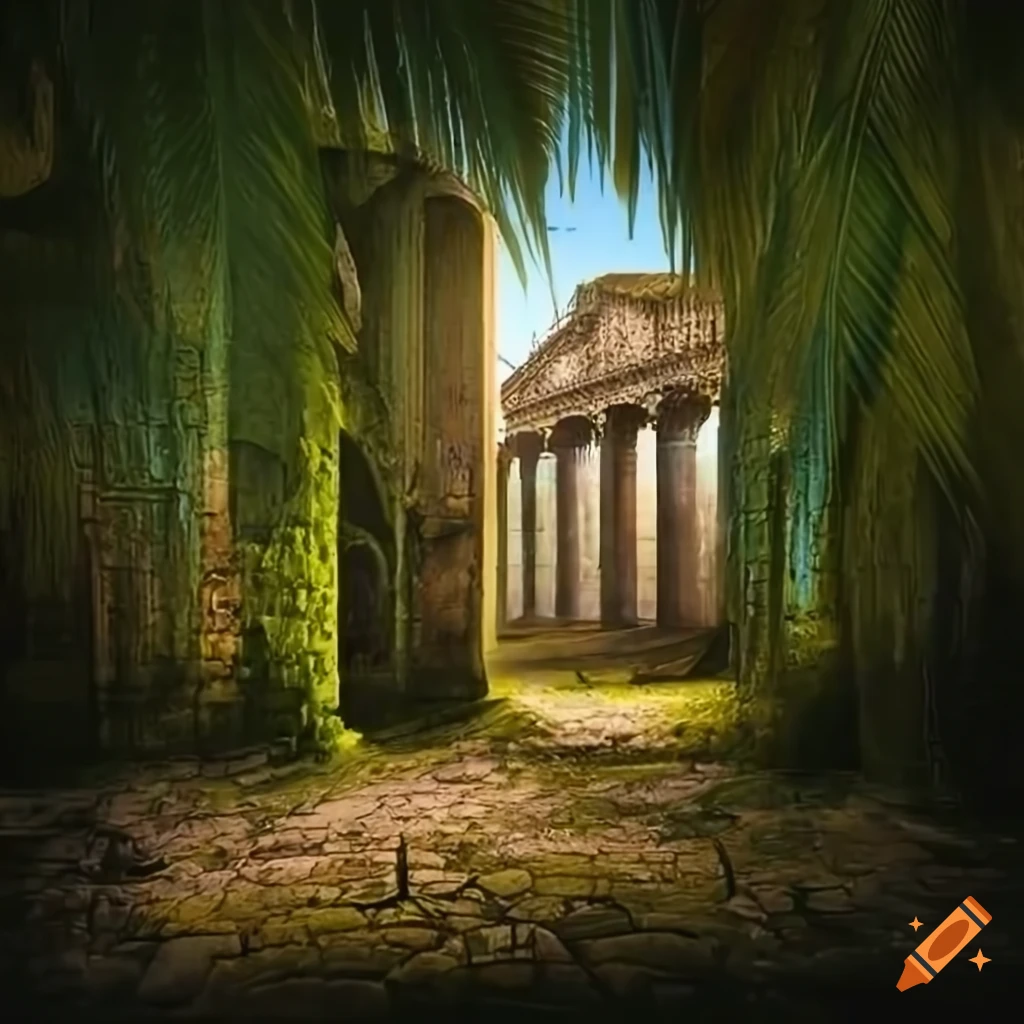 Photo realistic ancient roman ruins surrounded by palm leaves and vines ...