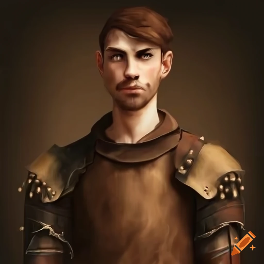 Fantasy young peasant man in leather armor with brown eyes and short ...