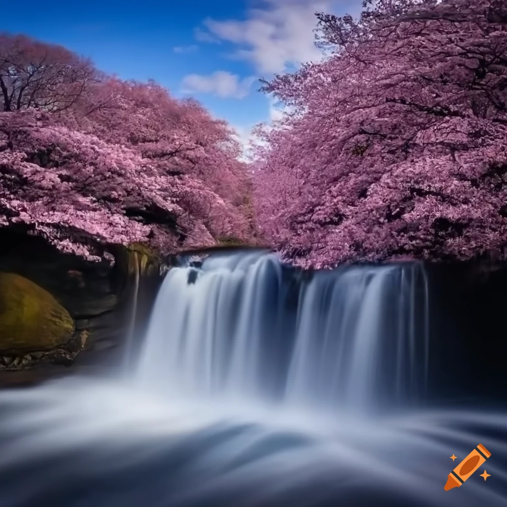 Wide waterfall with cherry blossom trees under daytime sky on Craiyon