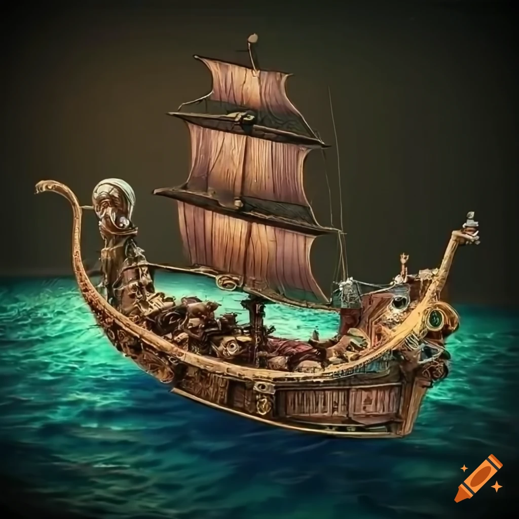 Steampunk sailing boat resembling 'One Piece' with quirky houses and ...