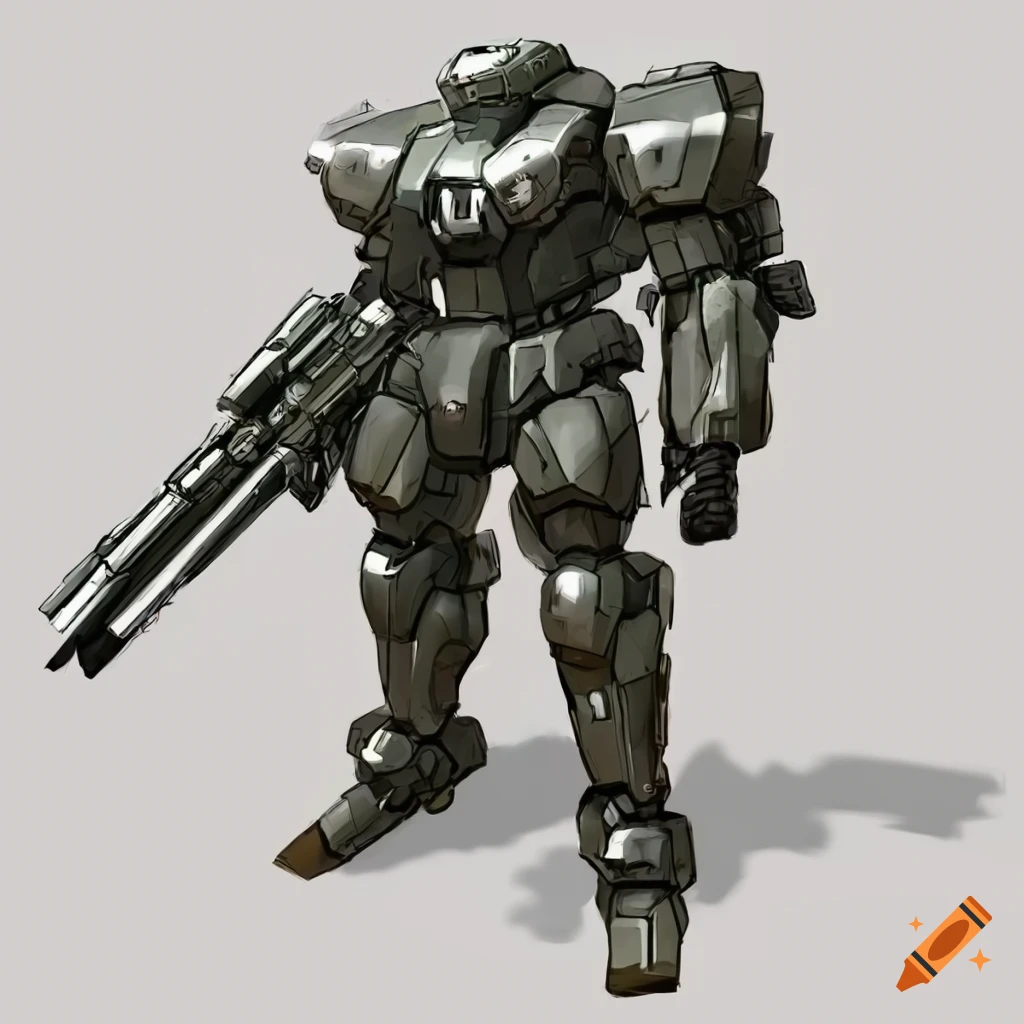Military mecha with gunmetal color scheme and bulky armor in anime ...