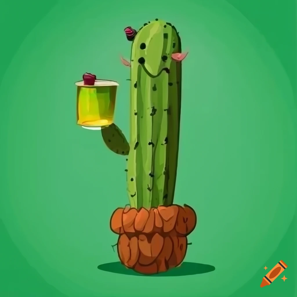 Funny cactus drinking mezcal with a friendly agave plant in a cartoon style on Craiyon