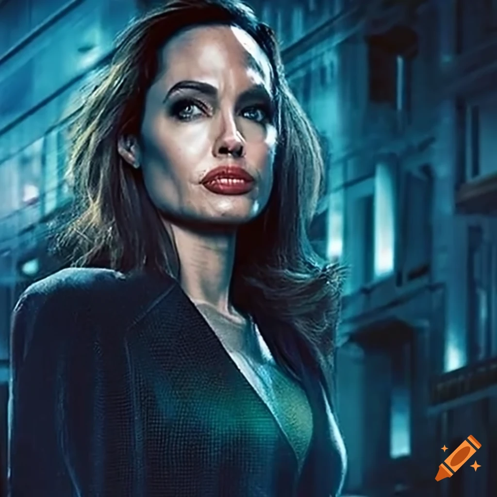 Movie scene with Angelina Jolie in an action sequence from Bladerunner on Craiyon