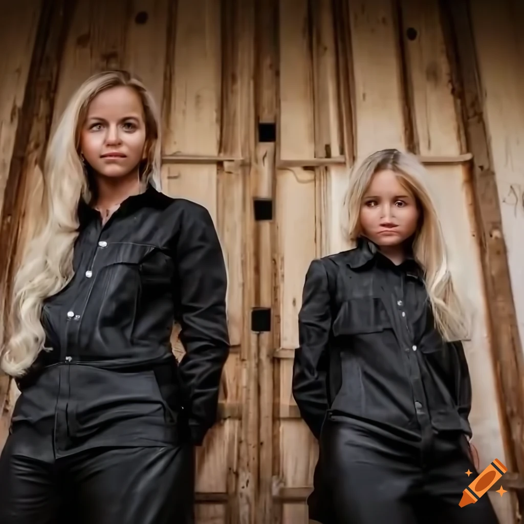 Blonde Twins In Country Plaid Shirt And High Waist Black Leather