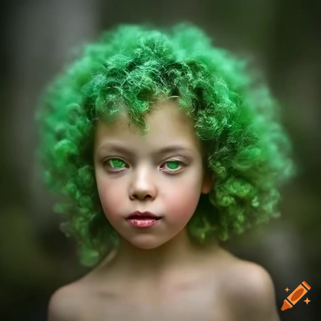 Green-skinned forest spirit child with bright eyes and curly hair on ...
