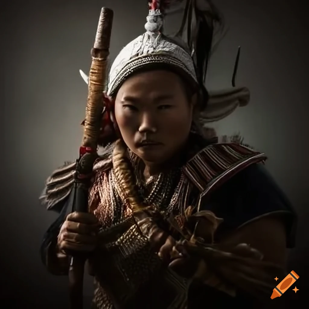 Hmong warrior engaged in battle on a field on Craiyon