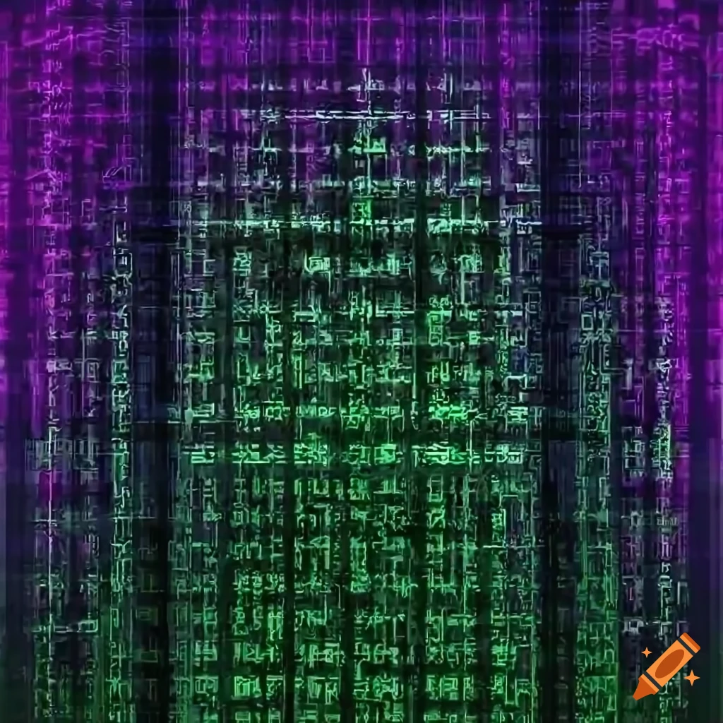 Computer matrix face with green and purple details in a technological ...