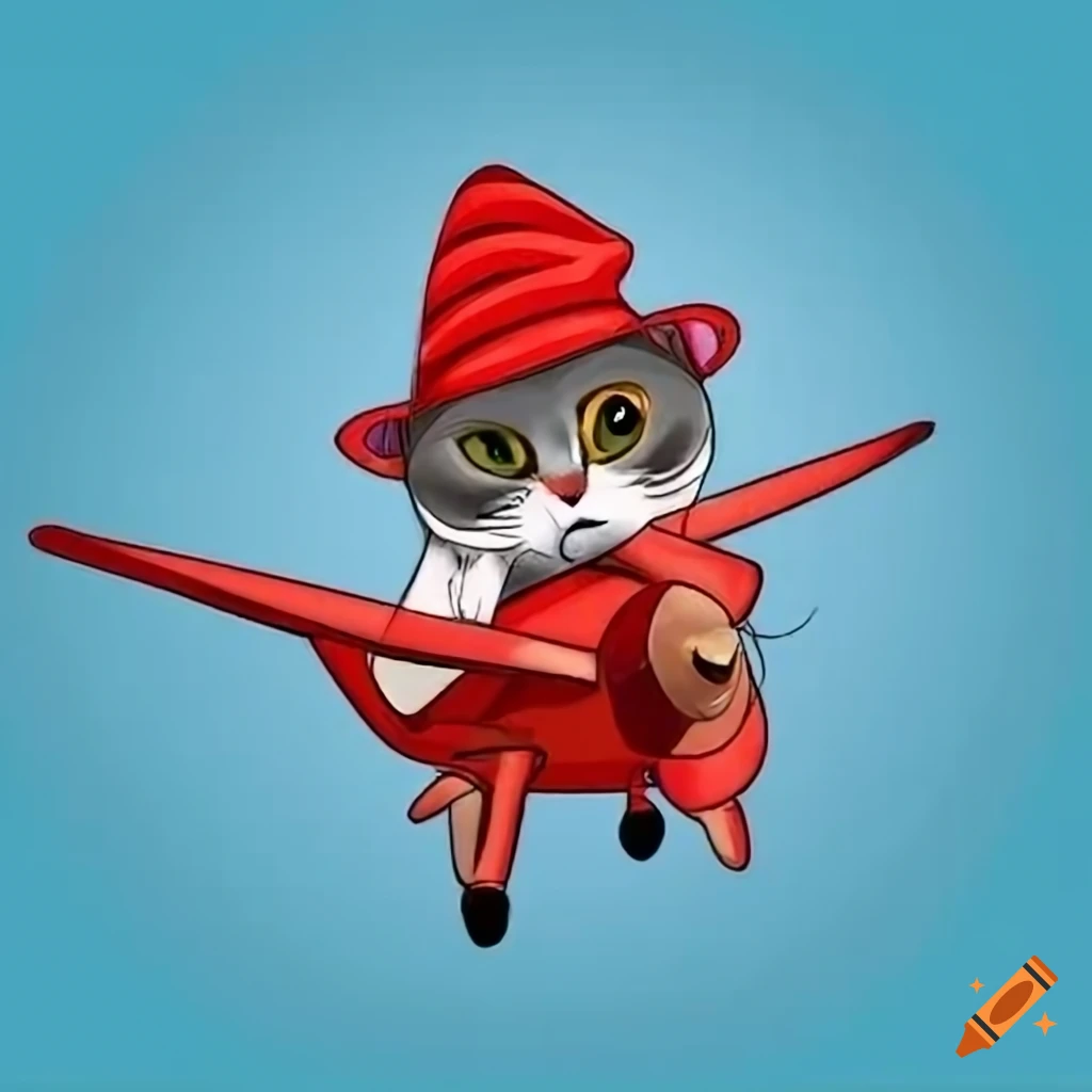 Cat wearing a red hat flying an airplane on Craiyon
