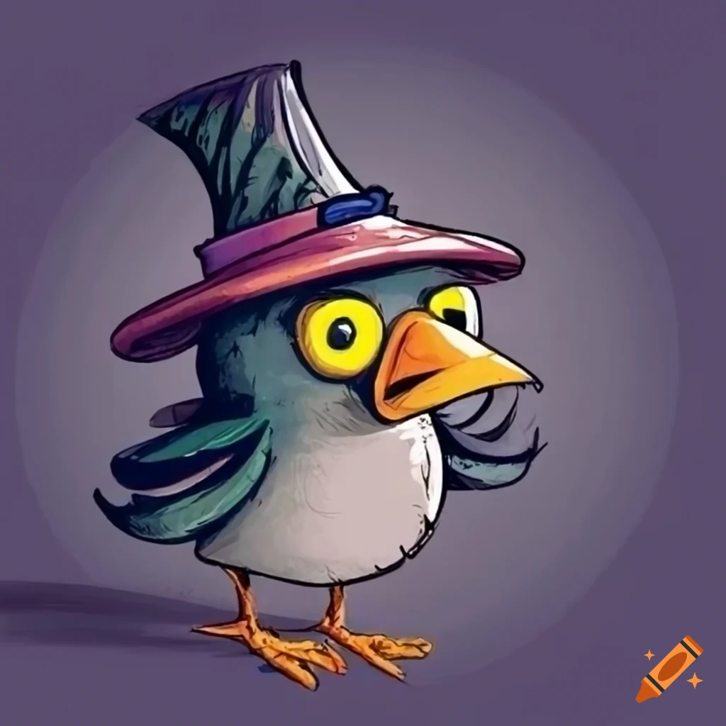 Cartoon creepy spooky bird with a funny hat on Craiyon