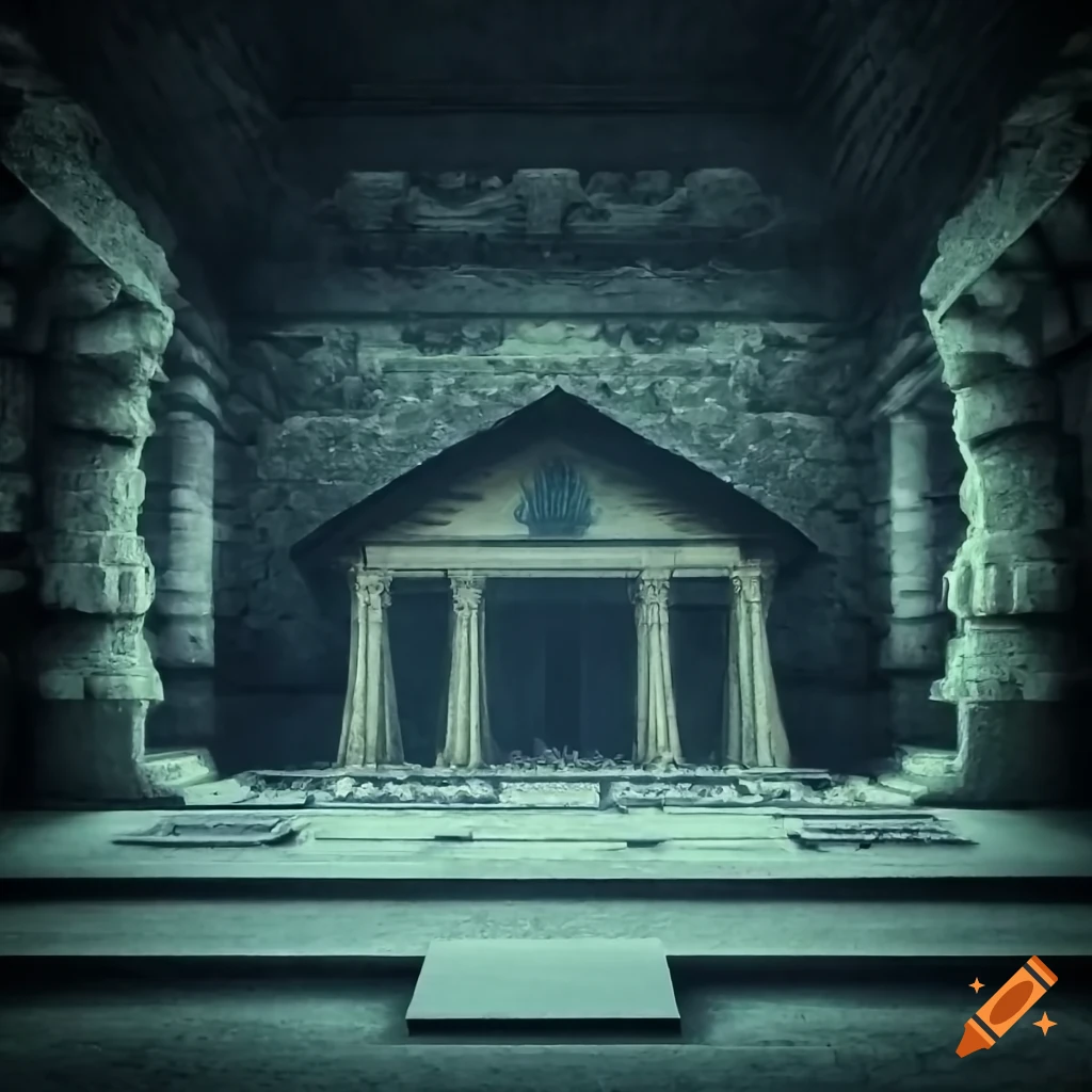 Mysterious dark underground temple with obscure symbols made of marble ...