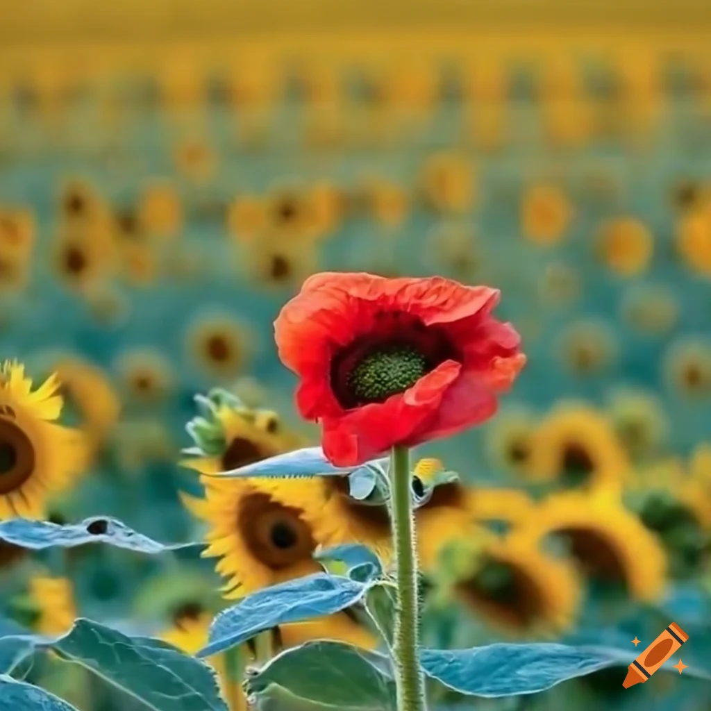 Expansive field of sunflowers with a red poppy in the center on Craiyon