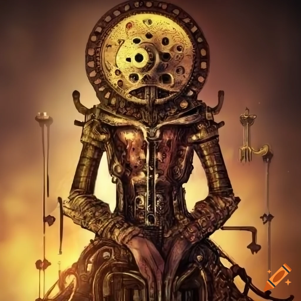 Steampunk god surrounded by cogs with distorted space around on Craiyon