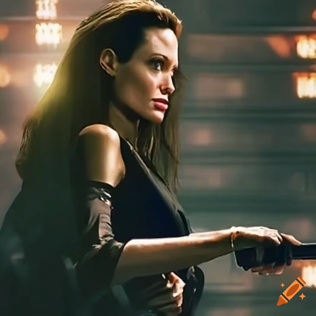 Angelina jolie in an action-packed scene from a movie on Craiyon