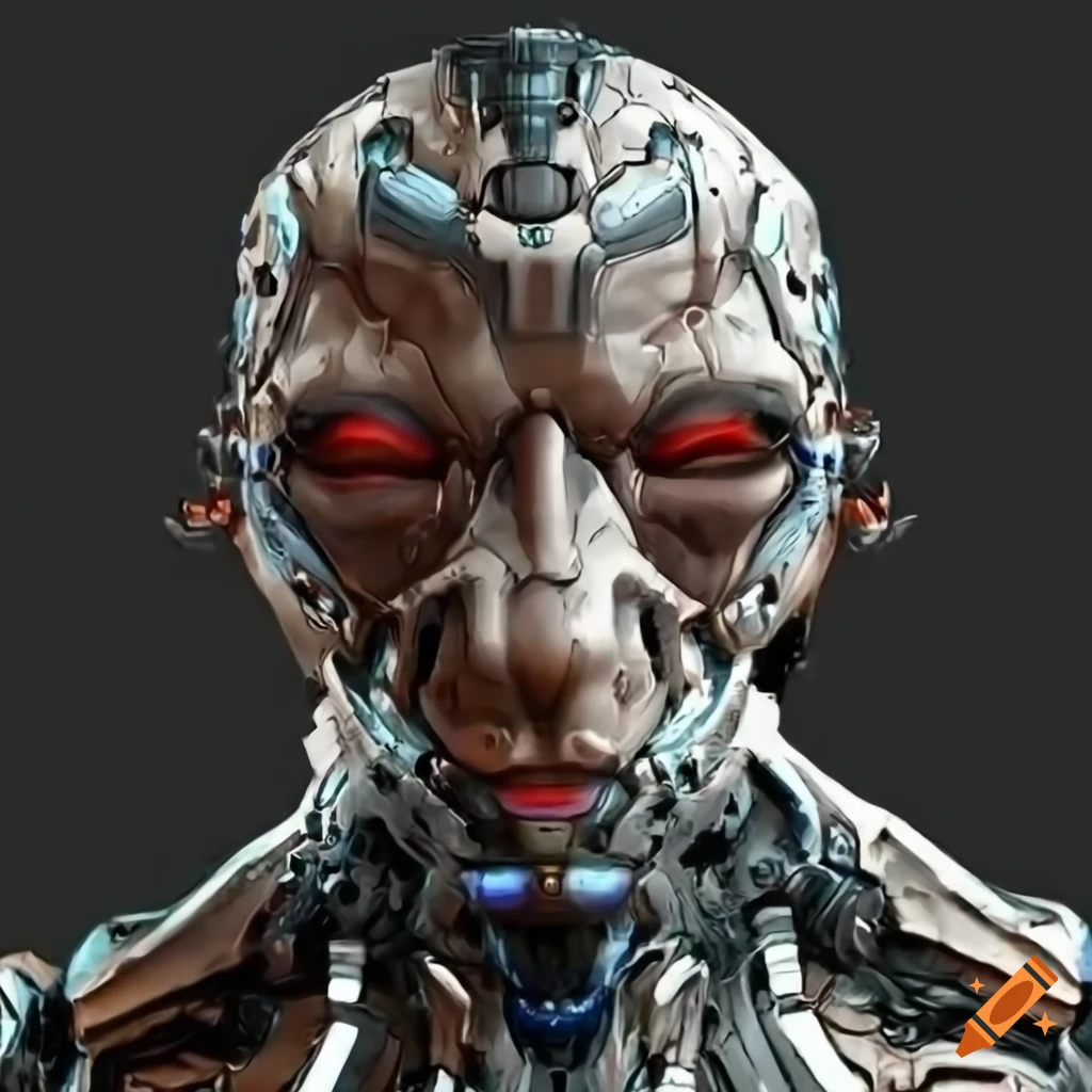 Biopunk cyborg in extreme hyper realistic detail in a front-facing full ...
