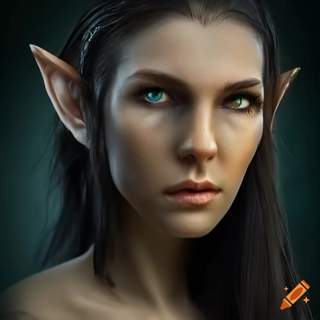 Strong wild elf woman with long dark brown hair and yellow eyes on Craiyon