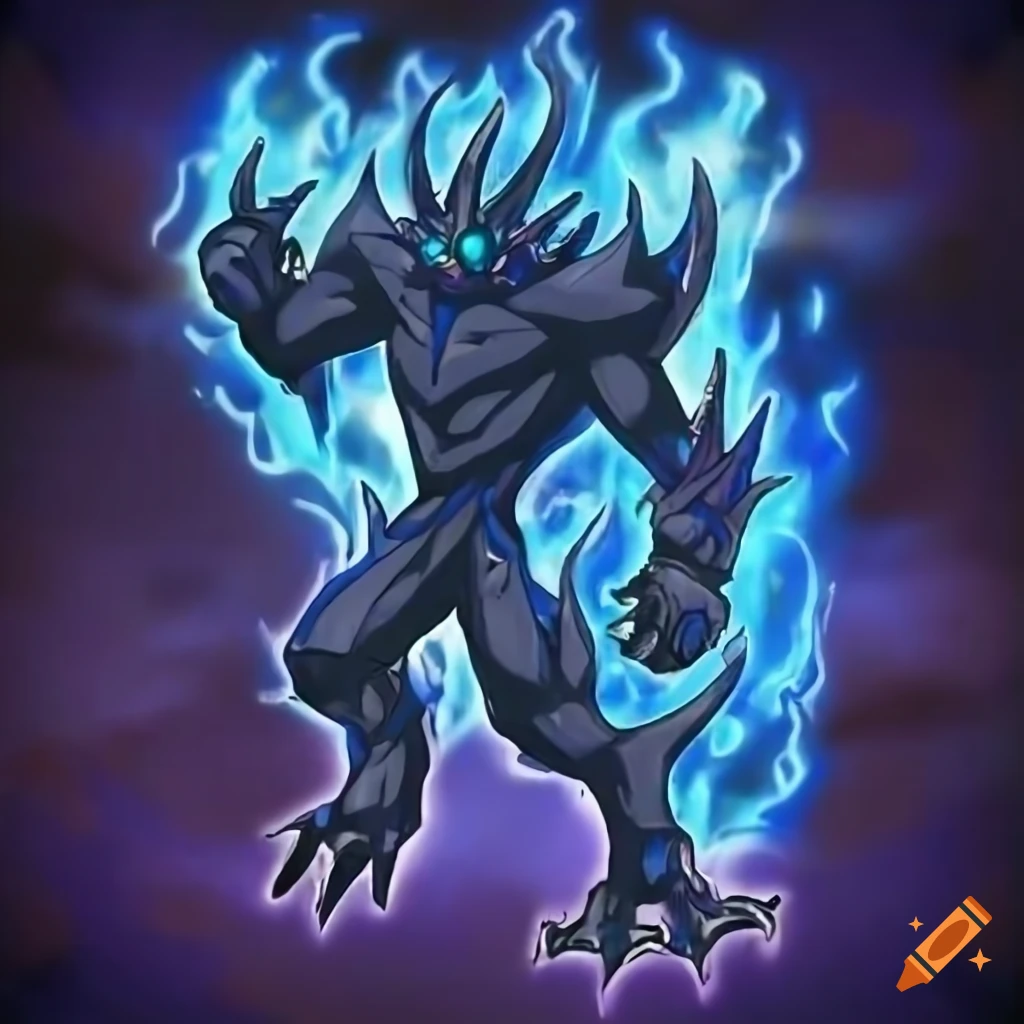 Dark blue fire elemental with blue fire in yugioh art style on Craiyon