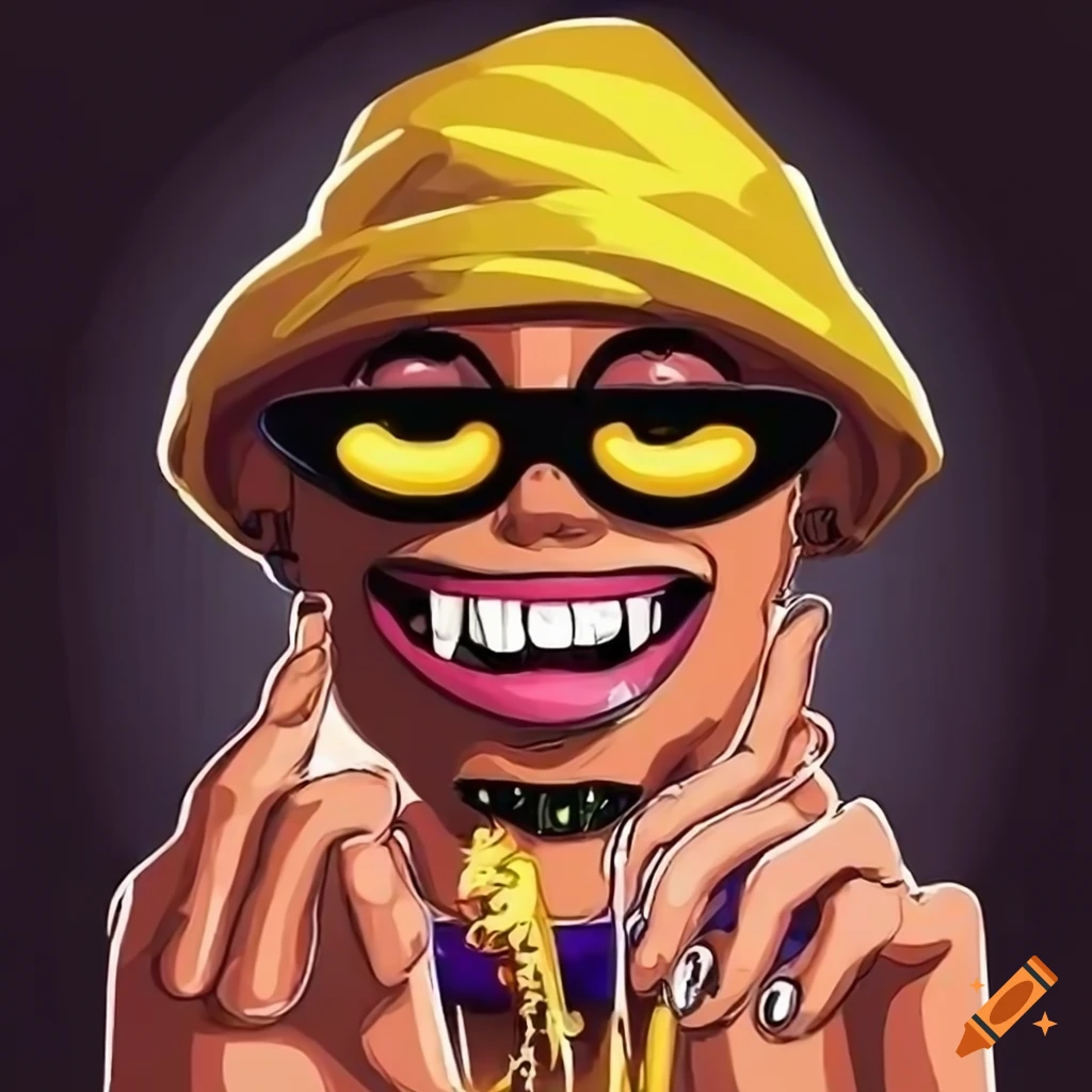 Cartoon rapper with gold teeth and hat on Craiyon