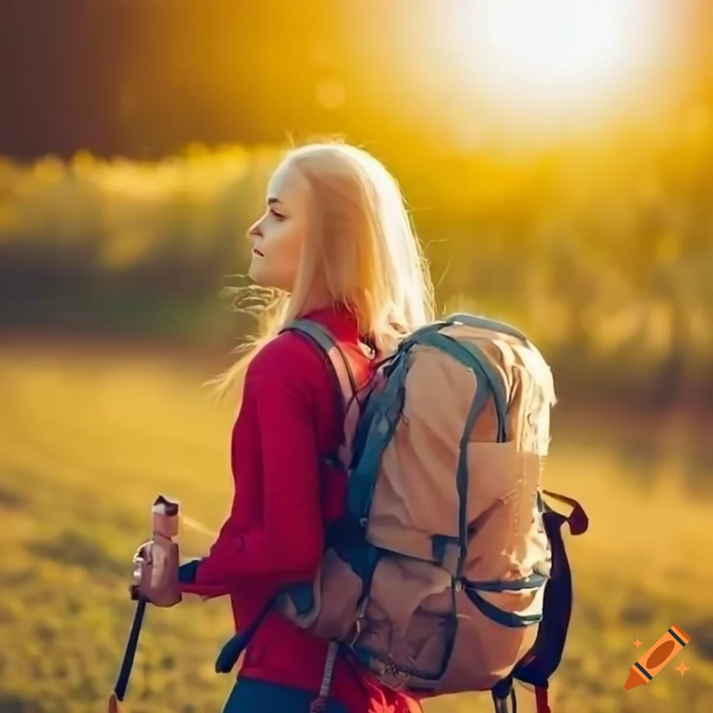 Two blonde women hiking with backpacks in a sunny field on Craiyon