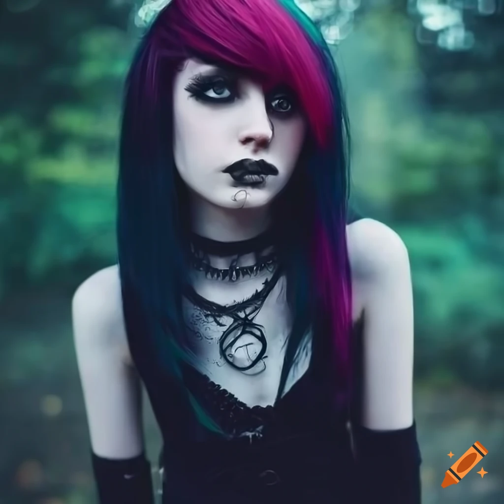 Emo girl with black hair in a gothic cemetery setting on Craiyon