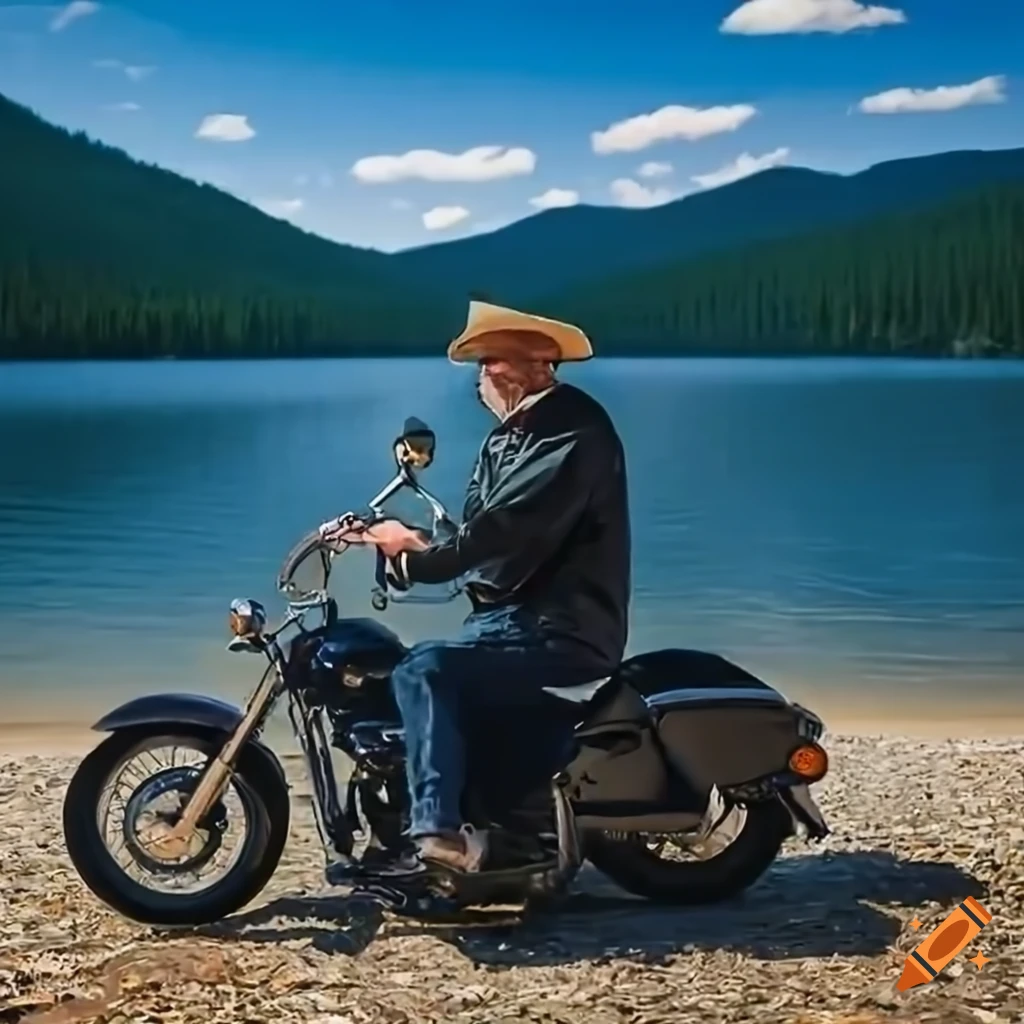 Senior man on a Harley Davidson motorcycle by a mountain lake wearing a ...