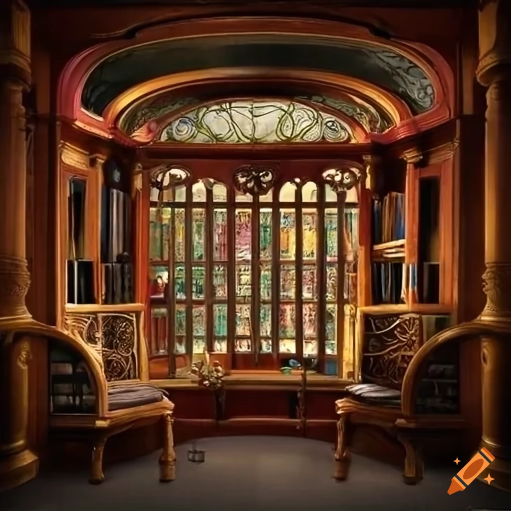 Art nouveau library balcony nook on Craiyon