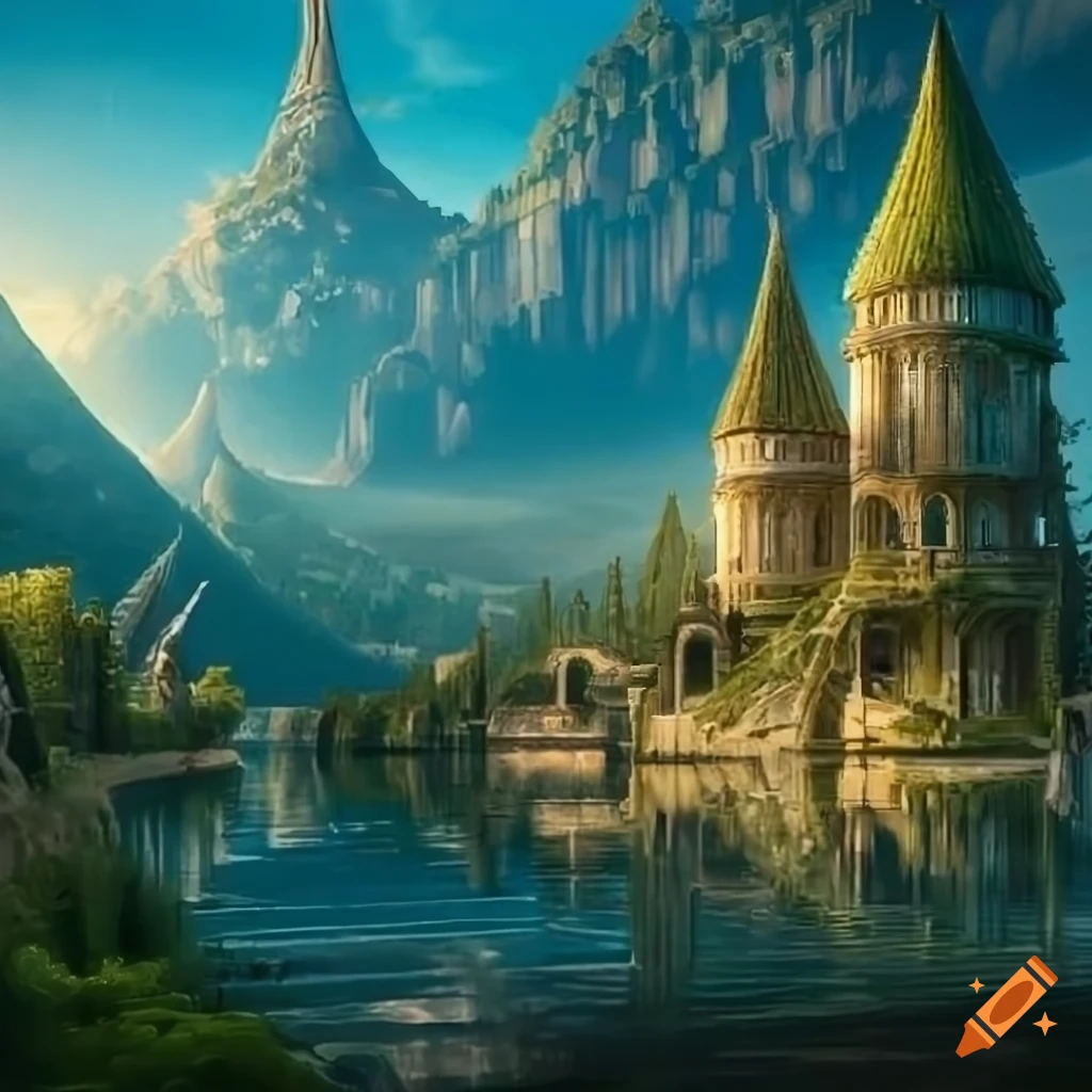 Fantasy elven city with intricate architecture structures and gardens ...