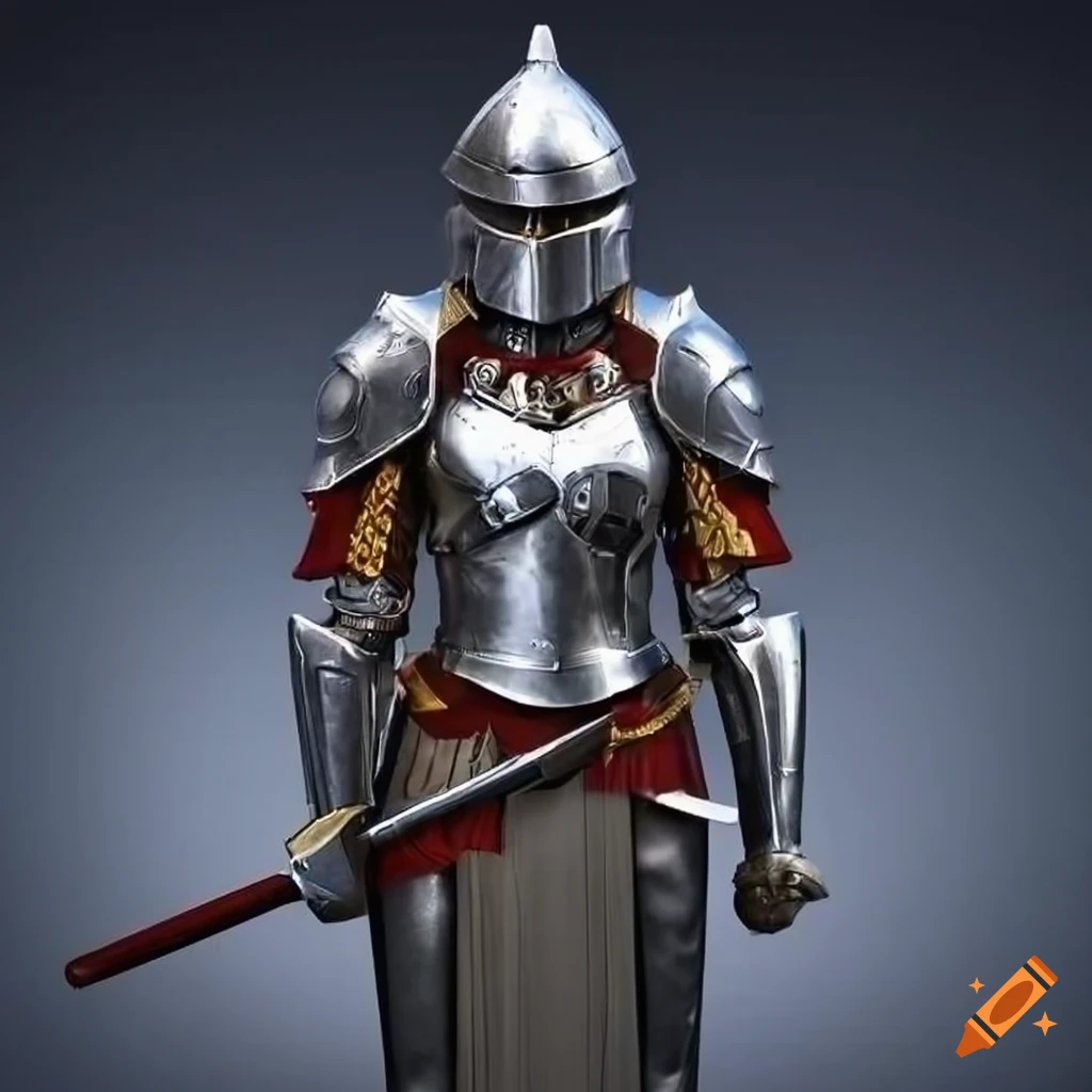 Female warrior in full platemail armor wielding a lance on Craiyon