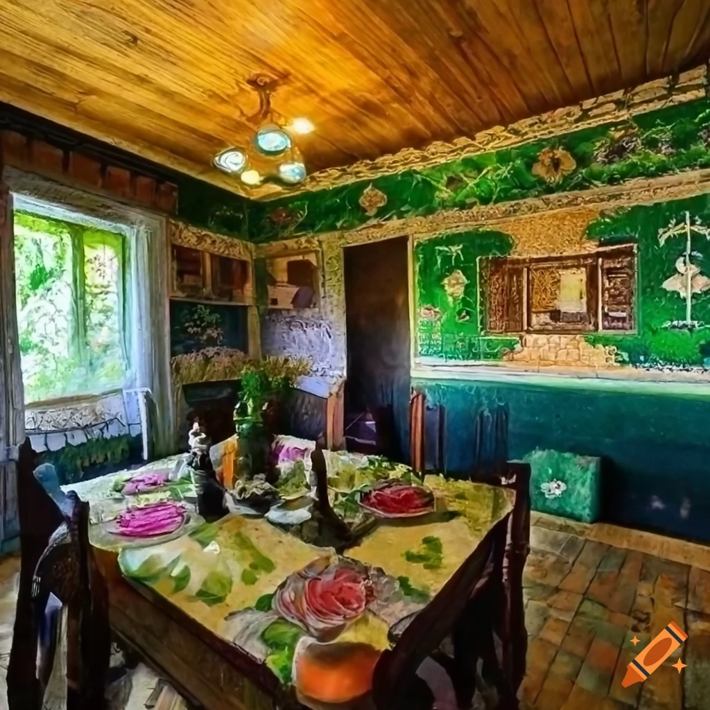 Intricate and vibrant artwork of a beautifully decorated romanian house ...
