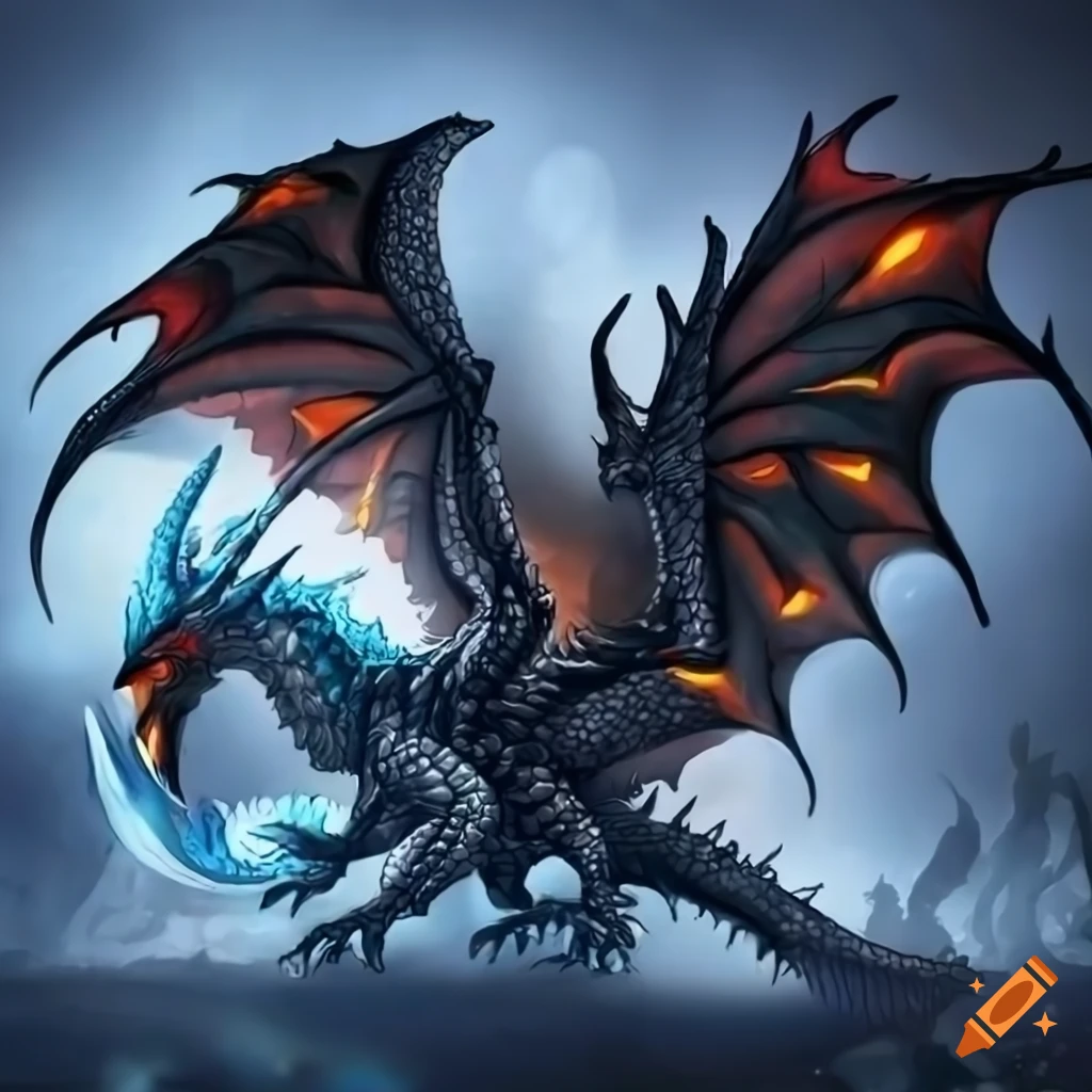 Sinister fire dragon intertwined with an icy water dragon in foggy ...