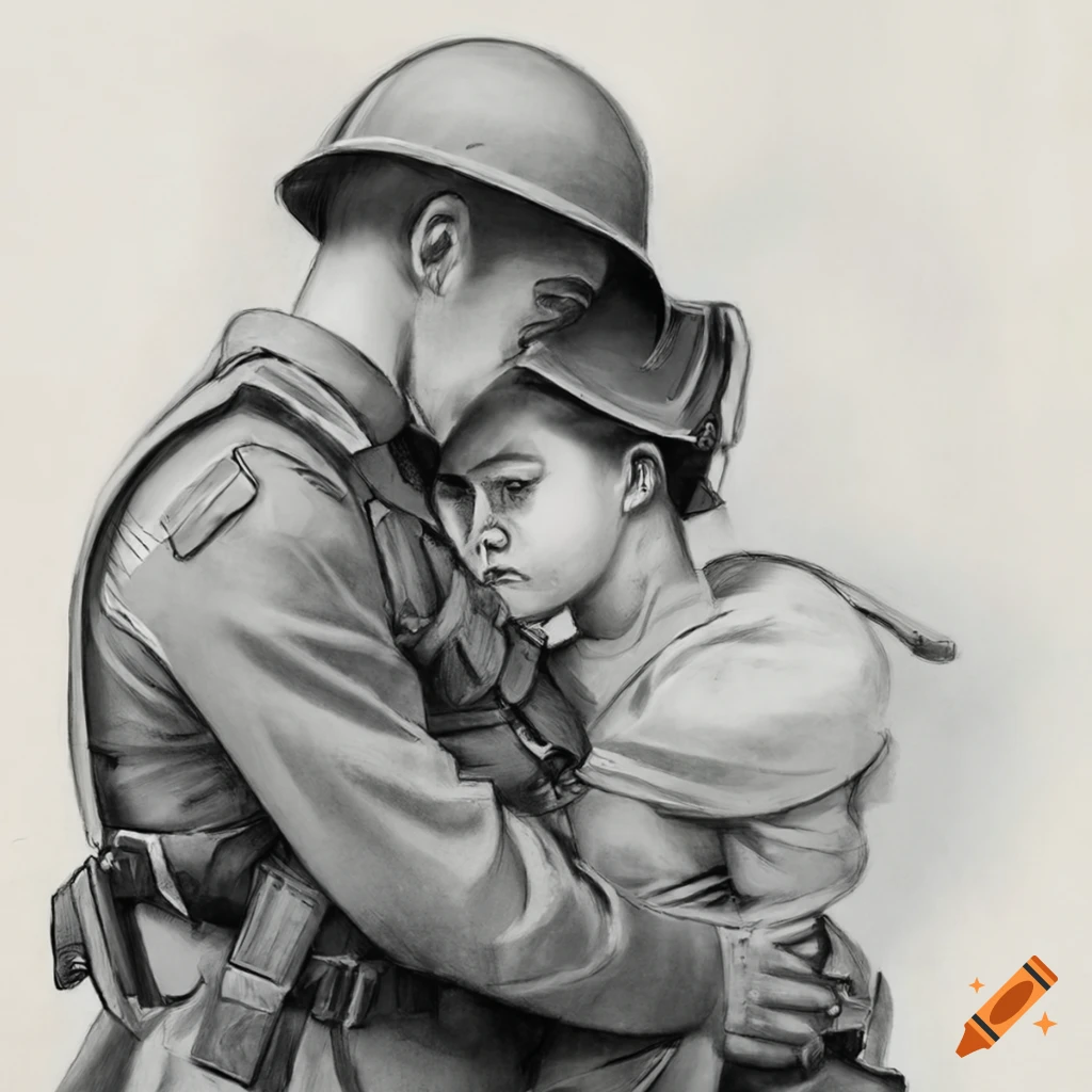 Wwi injured soldier and nurse in a romantic embrace in a pencil drawing ...