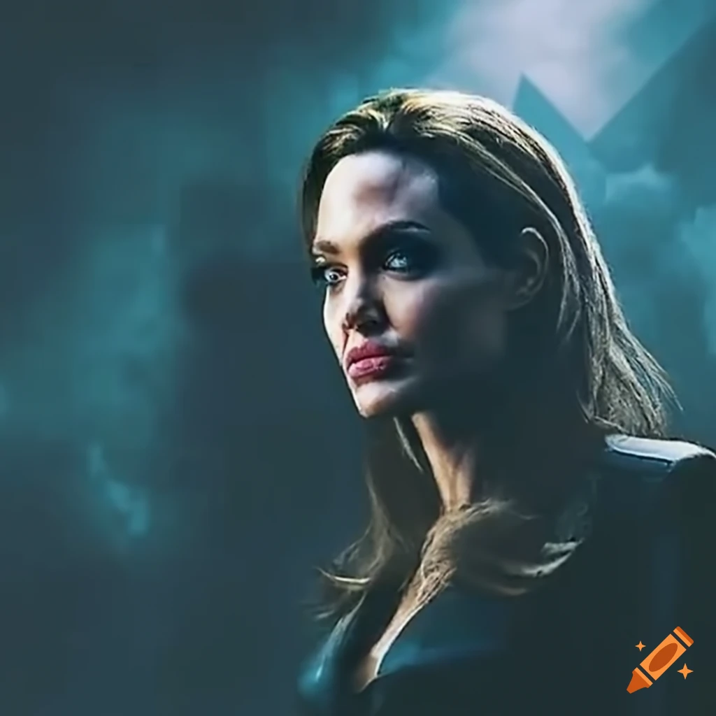 Action scene with Angelina Jolie in a Bladerunner-like movie setting on Craiyon